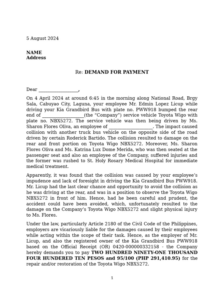 Sample Demand Letter Re Vehicular Accident | PDF | Transport