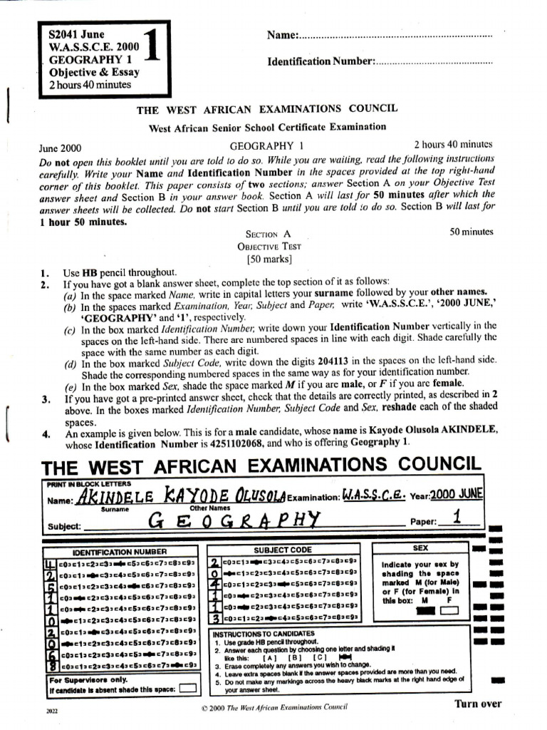 2000 NovDec WASSCE WAEC Geography Past Question Paper 2objectives ...