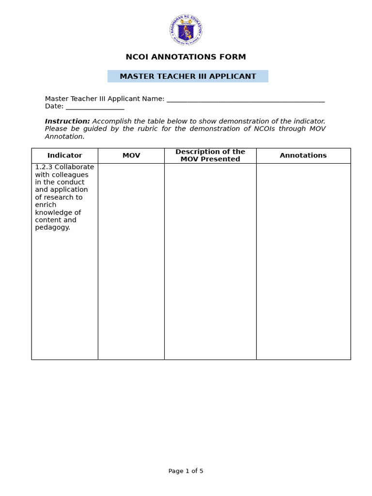 NCOI Annotations Form For Master Teacher III Applicant | PDF | Teachers | Learning