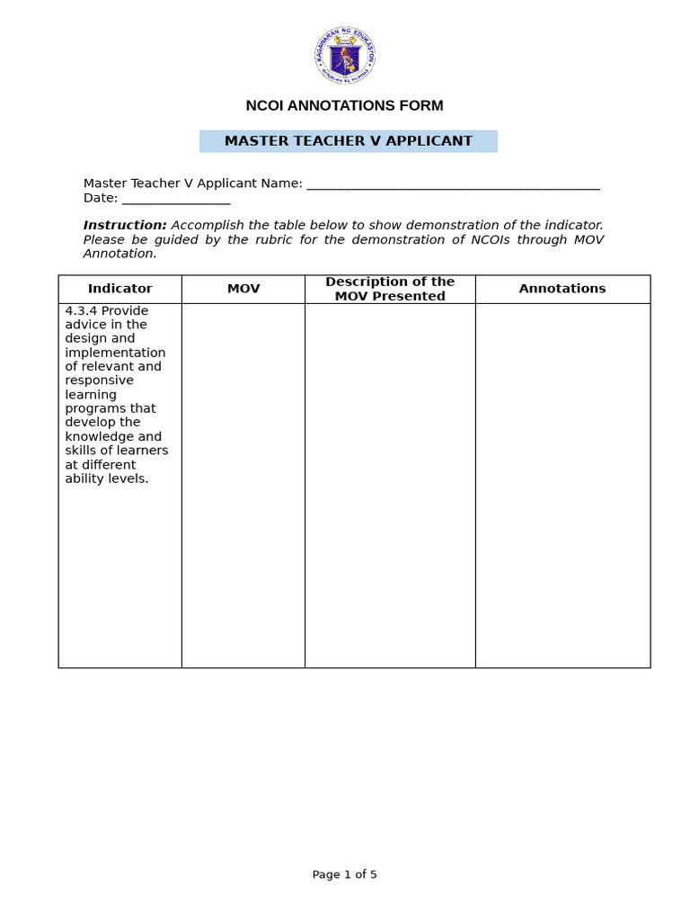 NCOI Annotations Form For Master Teacher V Applicant | PDF | Teachers ...