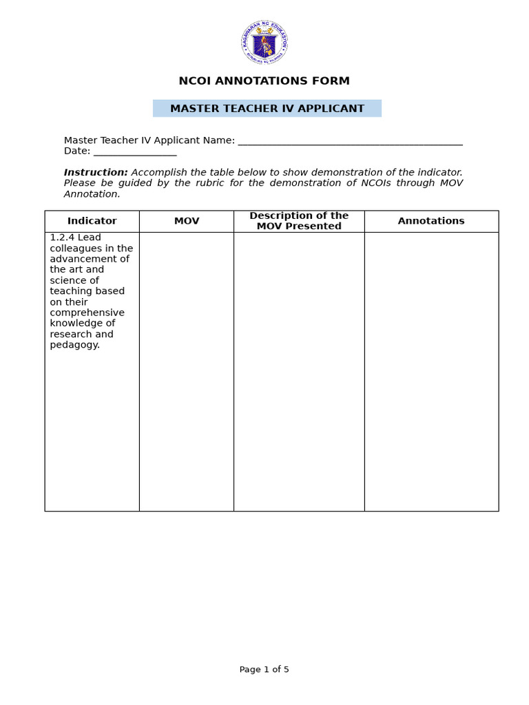 NCOI Annotation Form for Master Teacher IV | PDF | Teachers ...