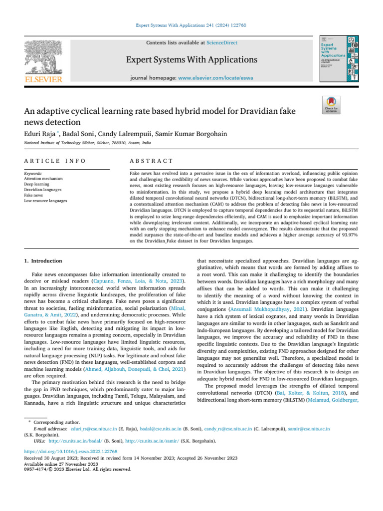 An Adaptive Cyclical Learning Rate Based Hybrid Model For Dravidian Fake News Detection | PDF ...