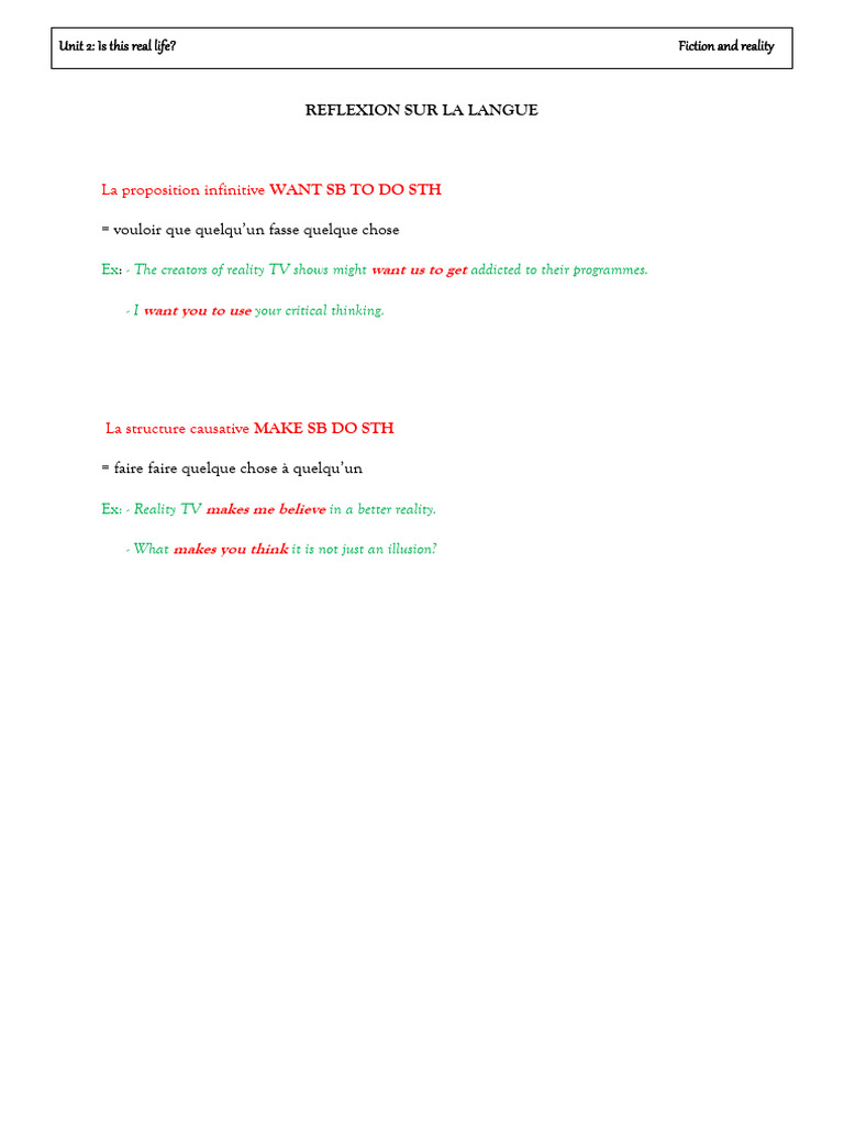Trace Écrite Réflexion Sur La Langue - WANT SB To DO STH & MAKE SB DO ...