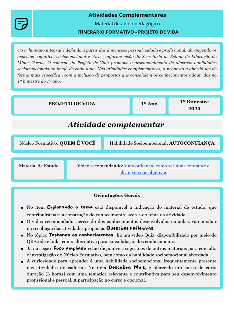 1 Bim Projeto de Vida 1º Ano Atividade Complementar | PDF | Pedagogia