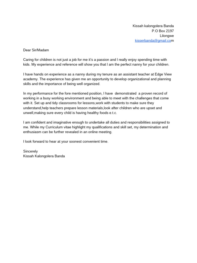 Nanny Application Cover Letter | PDF