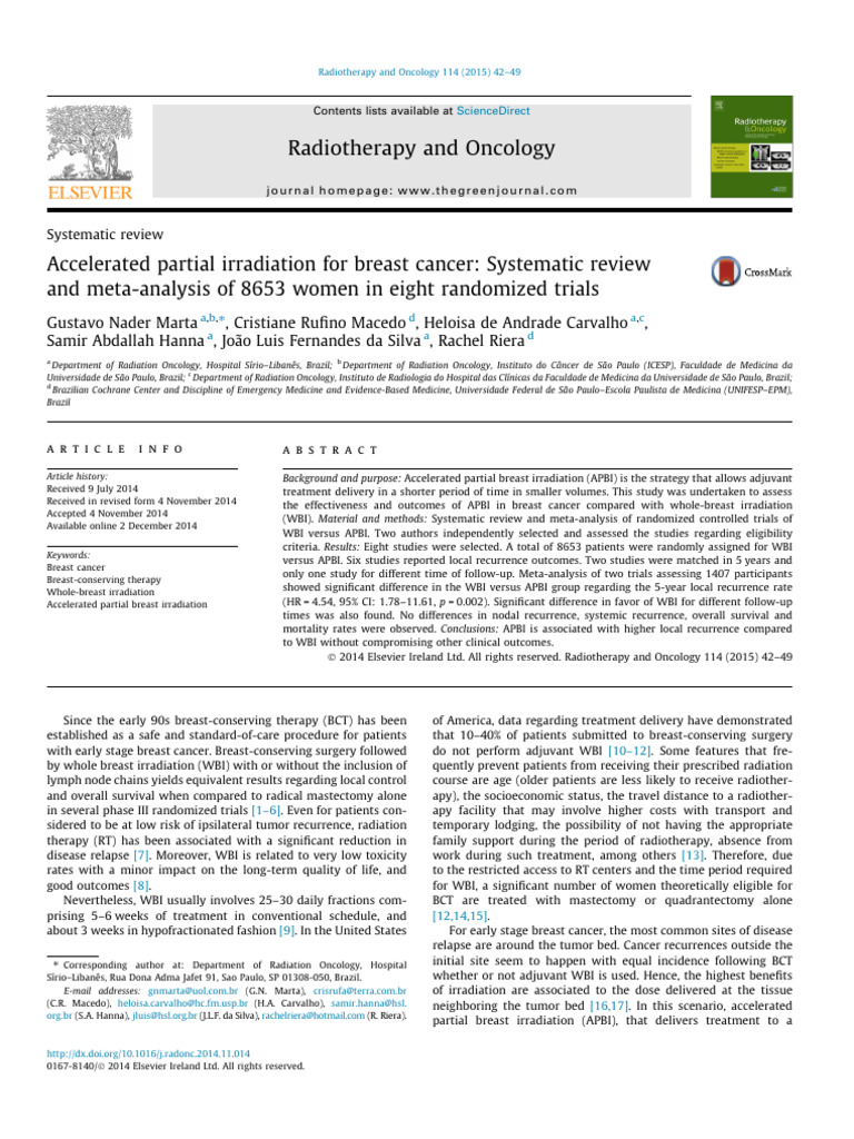 Accelerated Partial Irradiation For Breast Cancer - Systematic Review and Meta-Analysis of 8653 ...