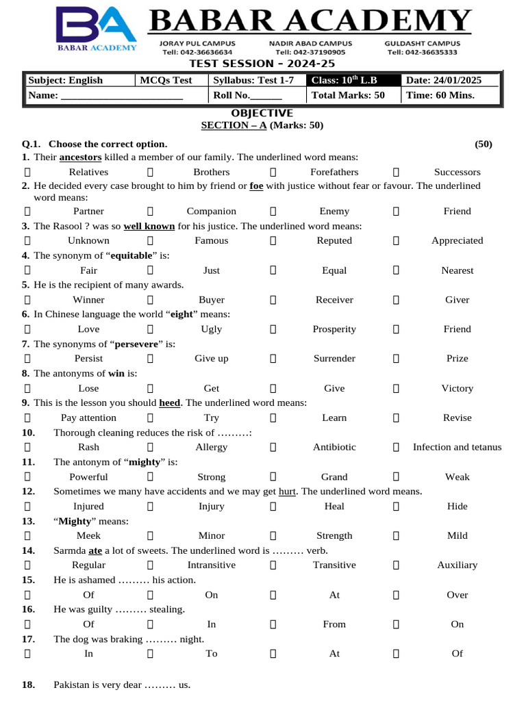 English (50 MCQS) 10th Class 2024-2025 | PDF | Part Of Speech | Morphology