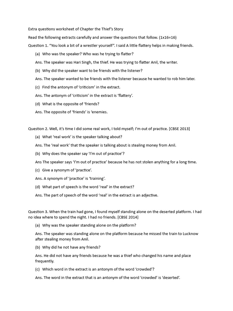 Extra Questions on The Thief's Story | PDF