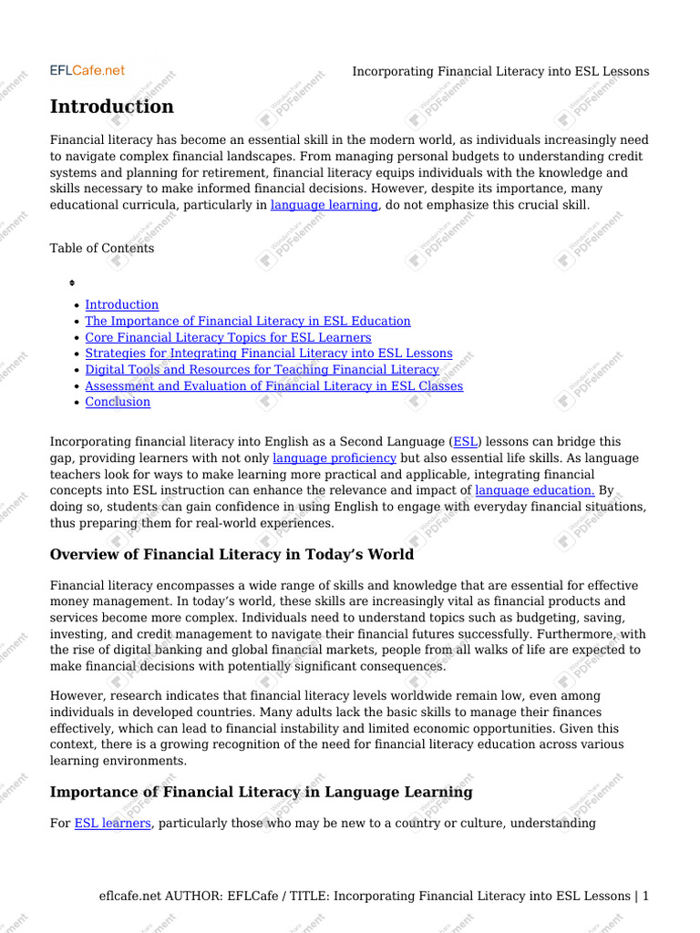 Incorporating Financial Literacy Into ESL Lessons - Copy | PDF ...