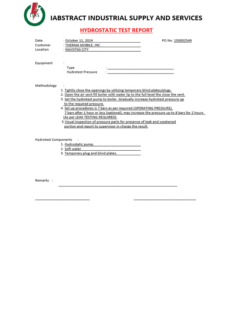 Hydrostatic Test Report | PDF