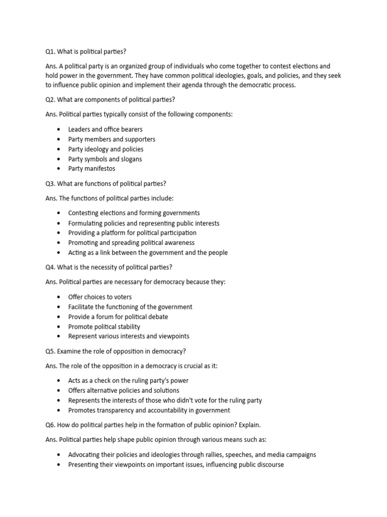 Political parties Question and answer Part 1 | PDF | Political Parties ...
