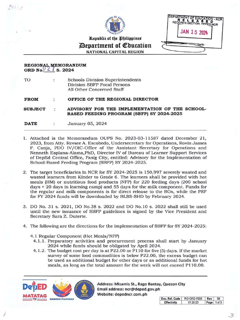 RM No. 027 S. 2024 Advisory For The Implementation of The School Based ...