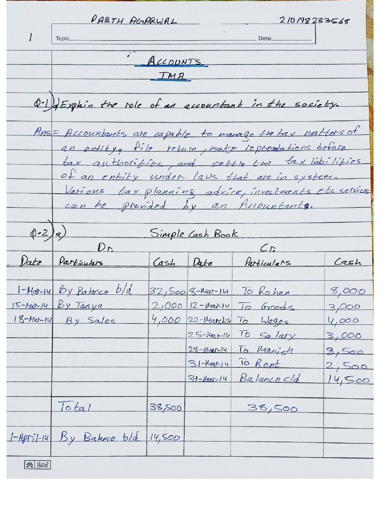 Parth Agarwal Accountancy TMA Senior Secondary | PDF