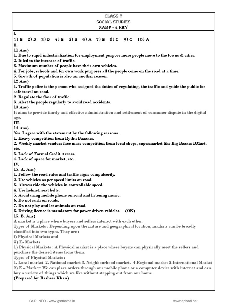 7th Class Social FA 4 Key Paper | PDF