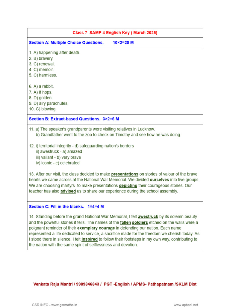 7th Calss English FA 4 Key Paper | PDF