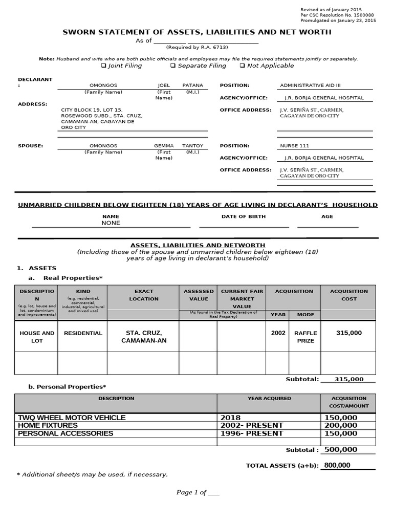 Statement of Assets and Liabilities SALN Form Revised January 2015 | PDF