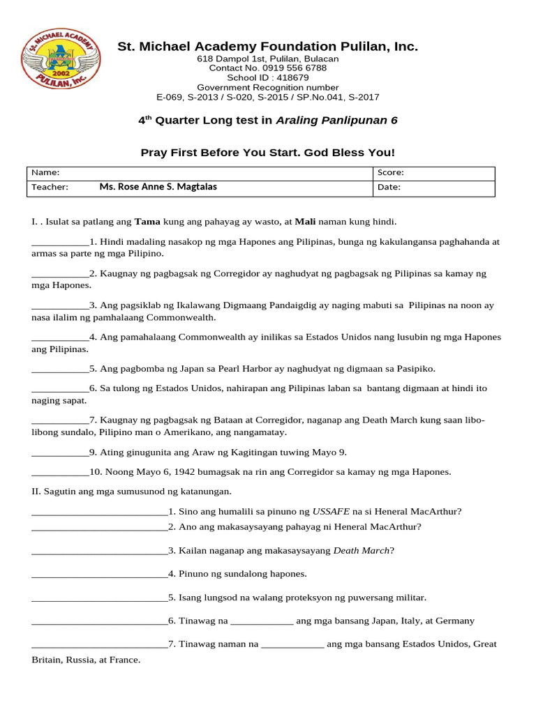 4TH Quarter Long Test | PDF
