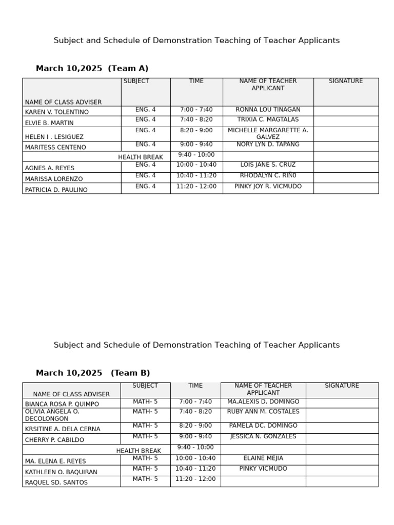 Teacher Applicants' Demo Teaching Schedule | PDF