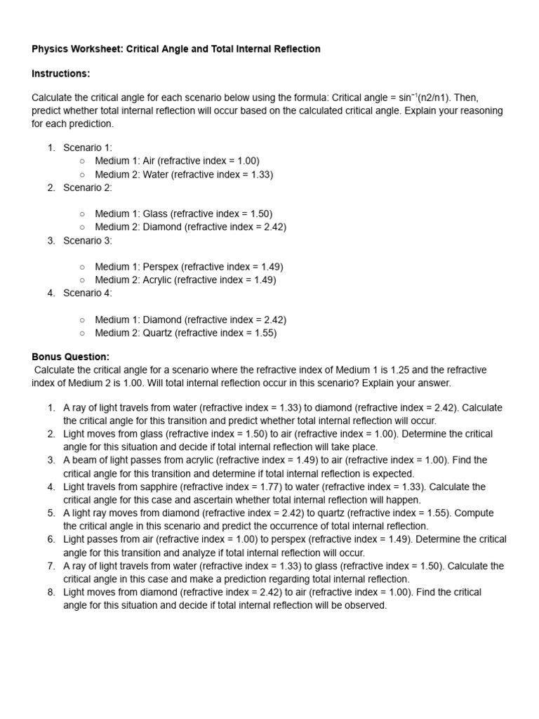 Critical Angle and TIR Worksheet | PDF | Refraction | Refractive Index