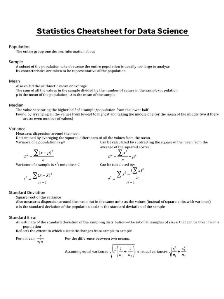 Statistics Cheatsheet For Data Science ? | PDF