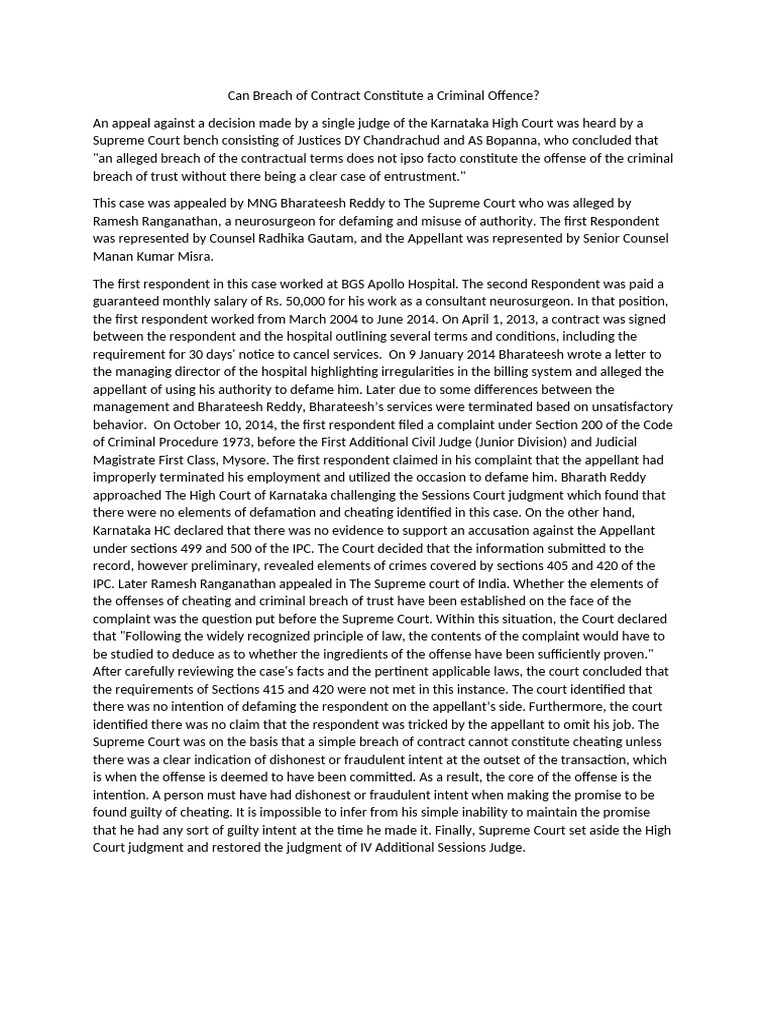 Breach of Contract: Civil vs. Criminal | PDF | Crimes | Crime & Violence