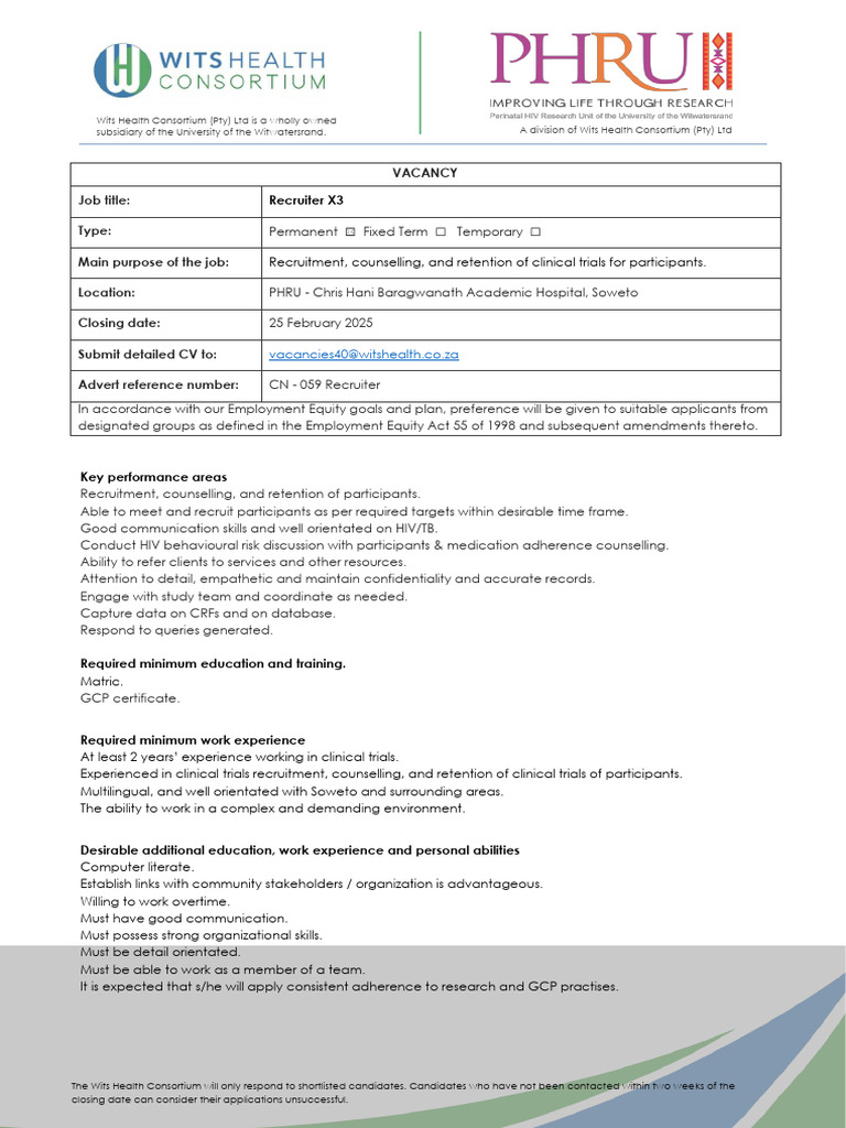 Internal Advert - Recruiter - PHRU - Feb 2025 | PDF | Recruitment | Clinical Trial