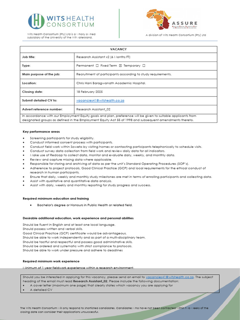 Vacancy - Research Assistant (12 Months FT) | PDF