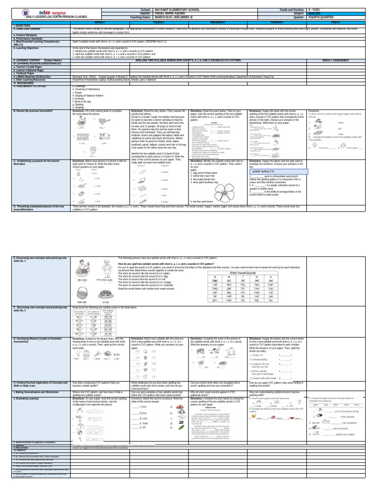 G2-Q4W3-DLL-ENGLISH-MELCs-Sir-Ims | PDF | Consonant | Vowel