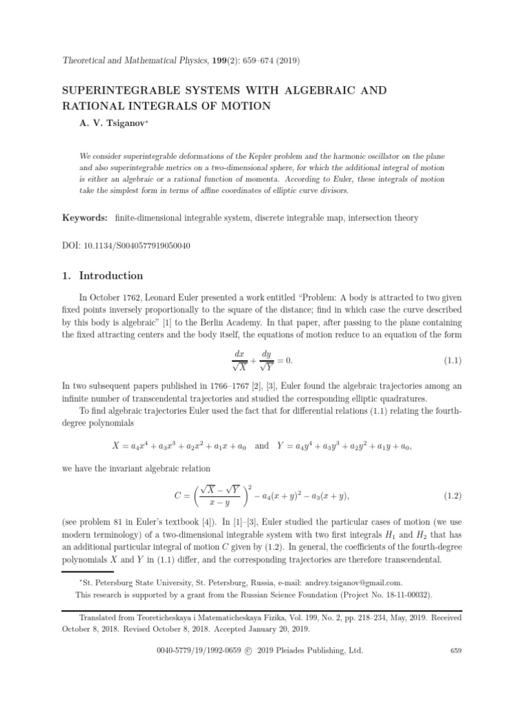 Superintegrable Systems With Algebraic and | PDF | Integral | Function (Mathematics)