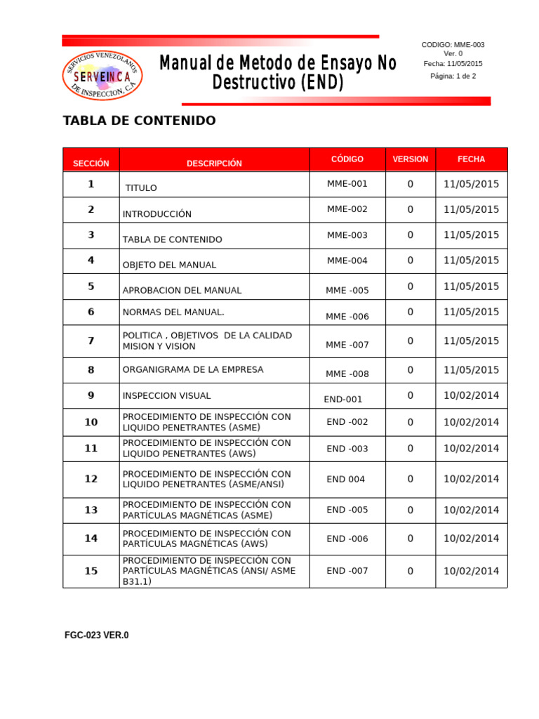 DGC-003 Tabla de Contenido | PDF