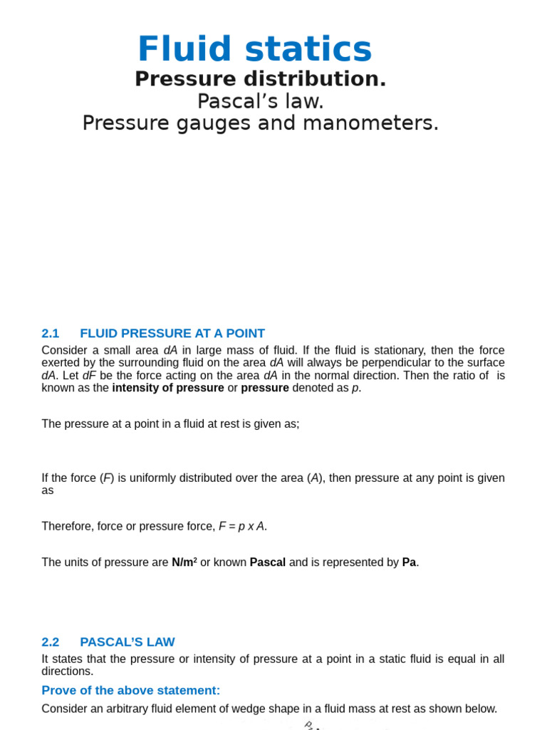 EMG 2230 - Chapter 2 - Fluid Statics | PDF | Pressure Measurement | Pressure