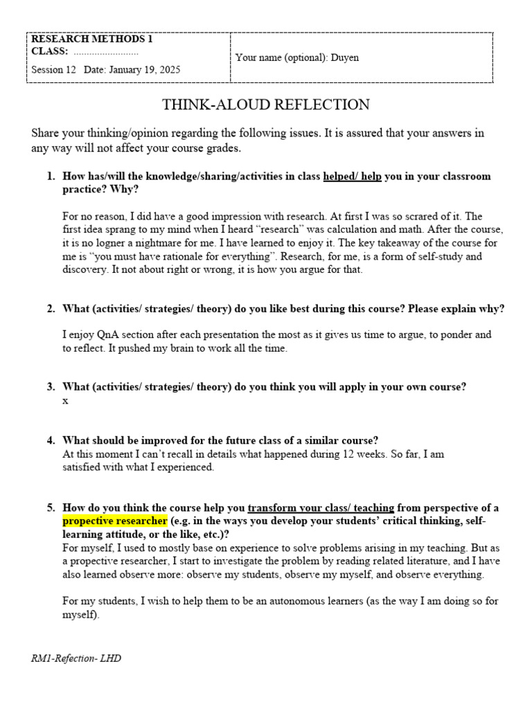 Reflecting on Research Methods Course | PDF | Psychological Concepts ...