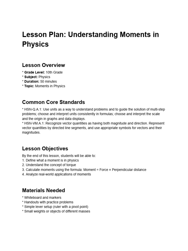 Lesson Plan_ Understanding Moments in Physics | PDF | Torque | Force