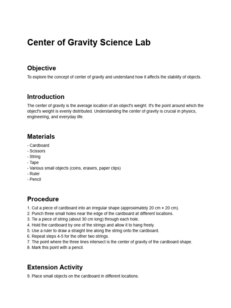 Center of Gravity Science Lab | PDF