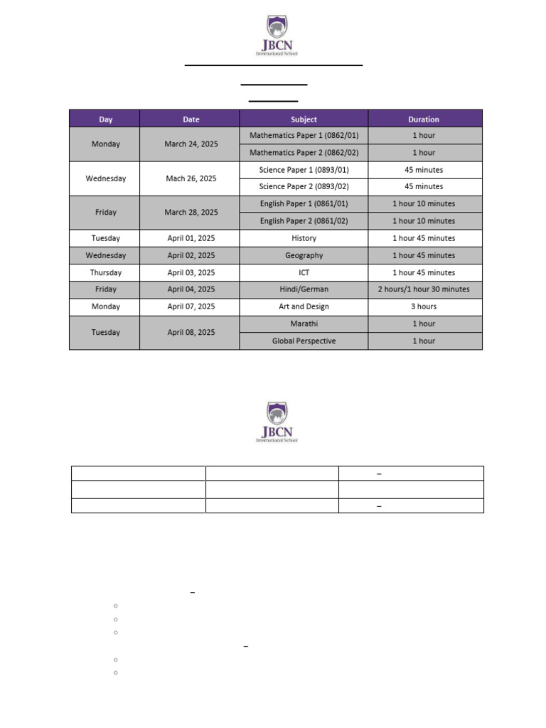 Semester II Examination Timetable - Grade VIII CIE 2024-25 (18!02!2025 ...