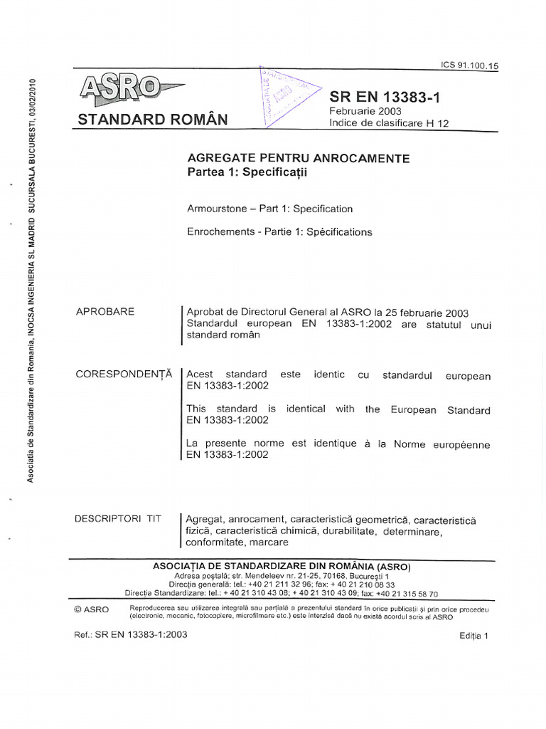 SR en 13383-1 - 2003 Agregate Pentru Anrocamente. Partea 1 Spe | PDF
