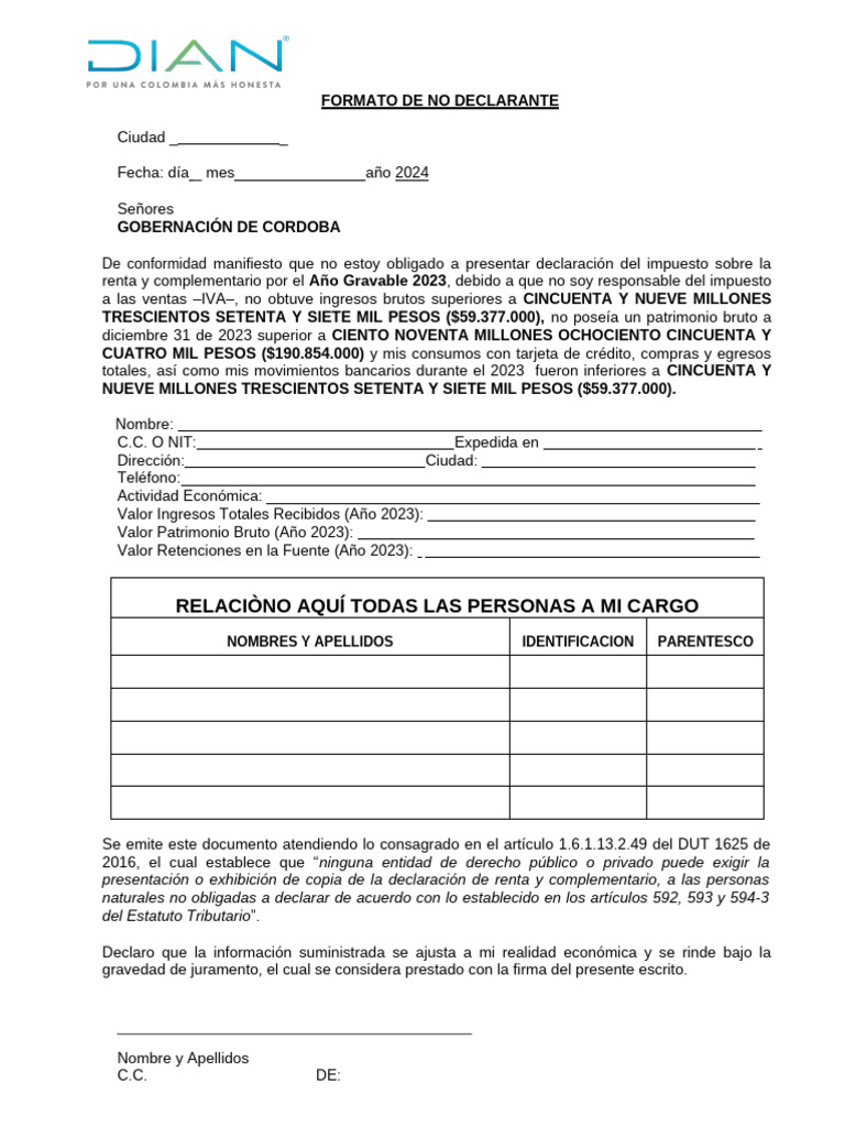 Formato Certificado No Declarante 2023 | PDF