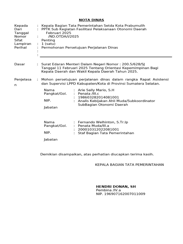 Permohonan Perjalanan Dinas Otonomi Daerah | PDF