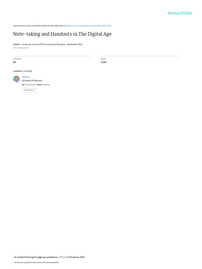 Stacy Cain Note-Taking and Handouts in The Digital Age | PDF | Lecture | Learning