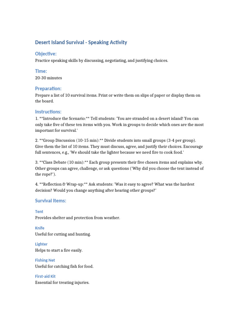 Desert Island Survival Speaking Activity | PDF