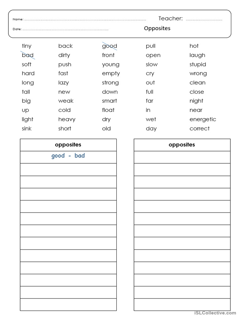 Opposite Words Activity Worksheet | PDF