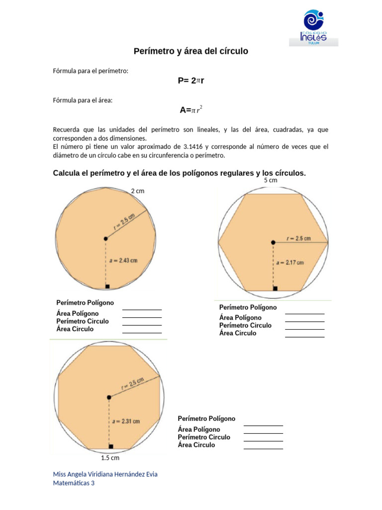 Actividad Mat. 2 Perímetro y Área Del Círculo | PDF