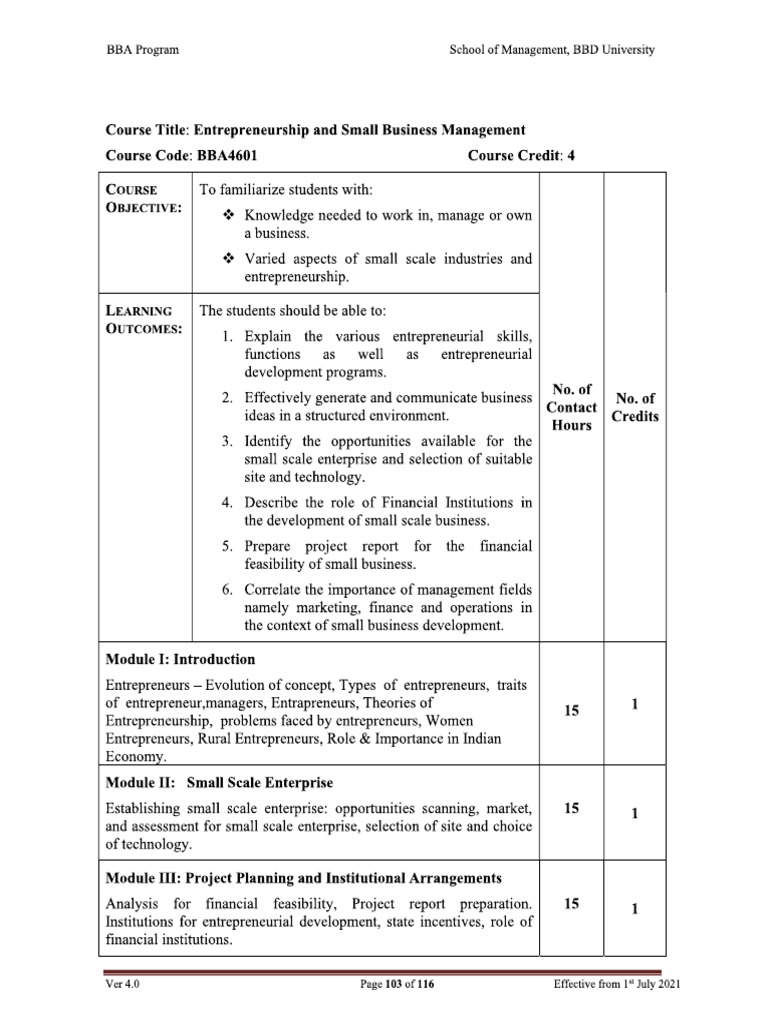Entrepreneurship and Small Business Management BBA4601 Syllabus | PDF
