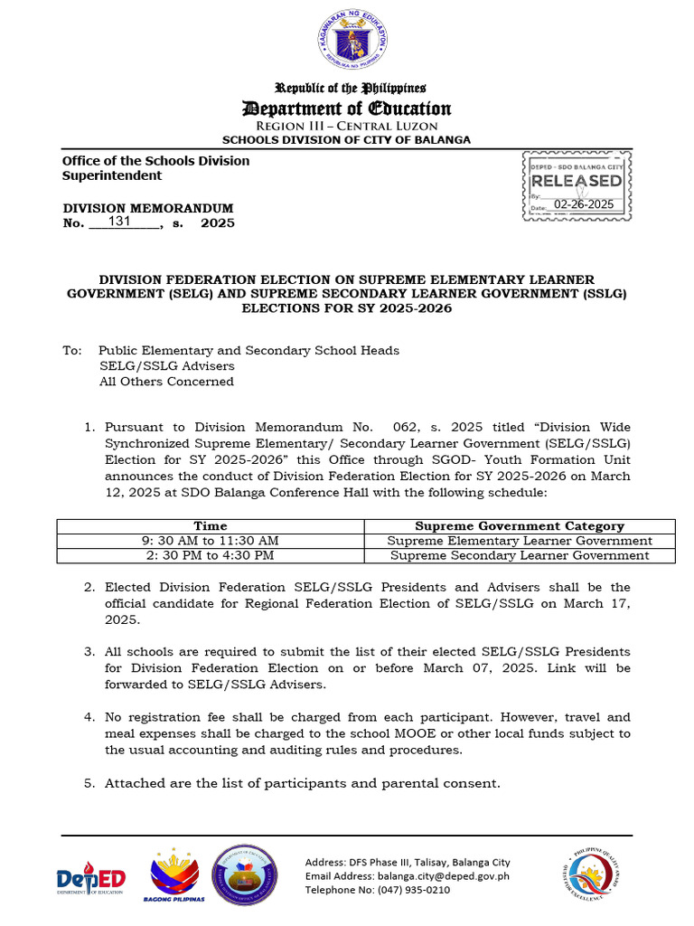 SELG/SSLG Division Election Memo 2025 | PDF