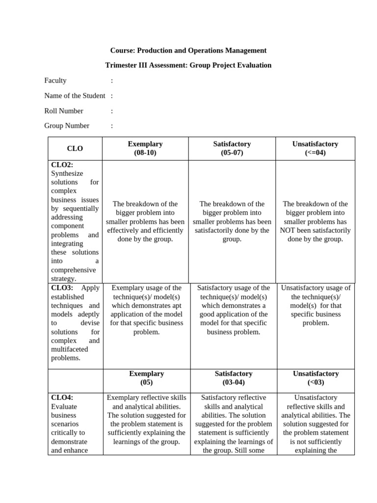 POM Group Project Rubrics | PDF | Educational Assessment And Evaluation ...