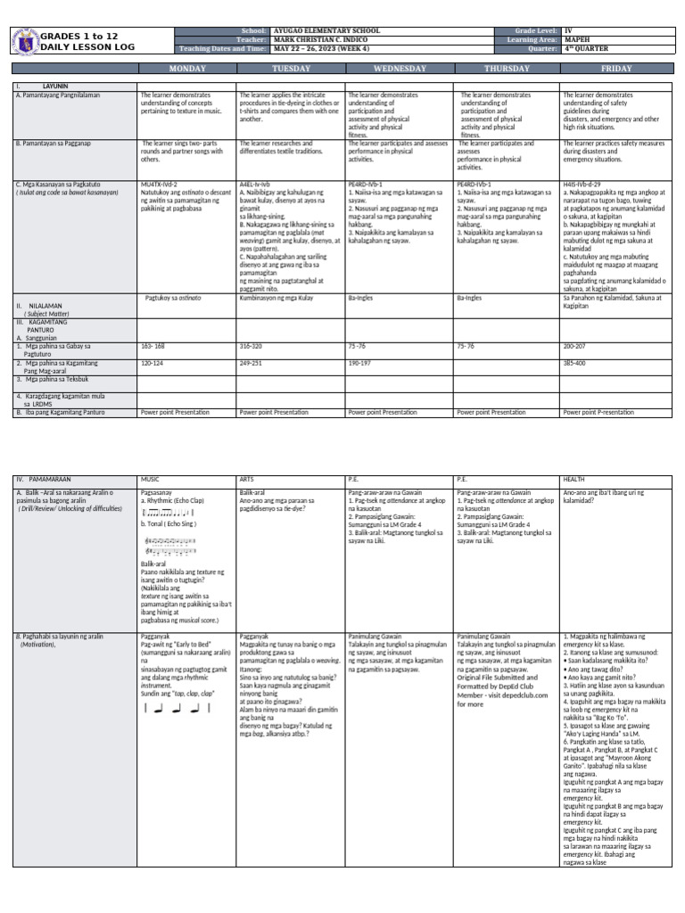 DLL - Mapeh 4 - Q4 - W4 | PDF