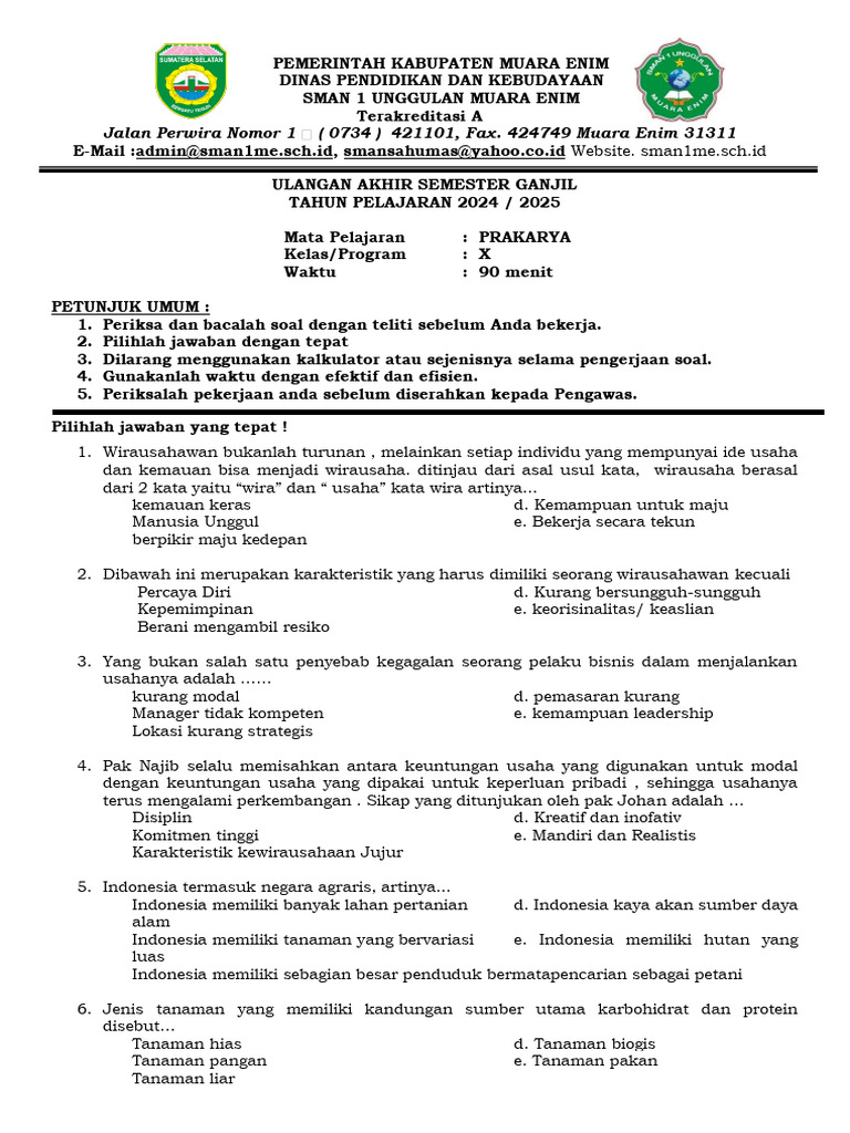 soal US PRAKARYA GANJIL 2024 | PDF