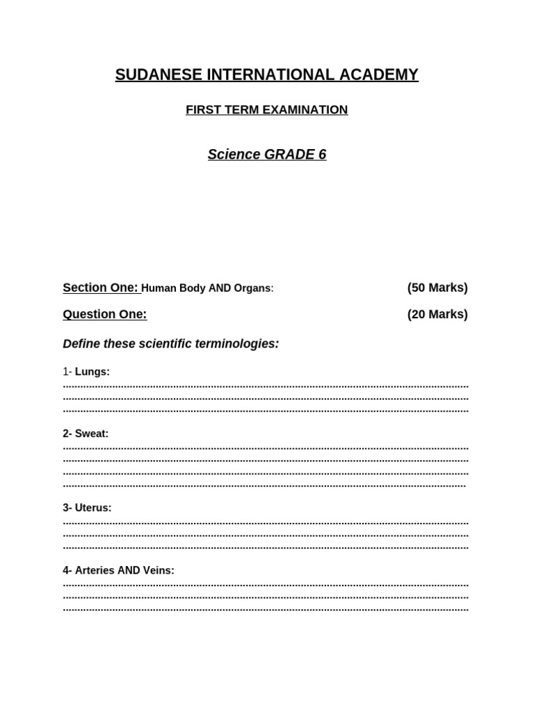 SUDANESE INTERNATIONAL ACADEMY (Science Grade6) First Eerm Examination | PDF | Human Body