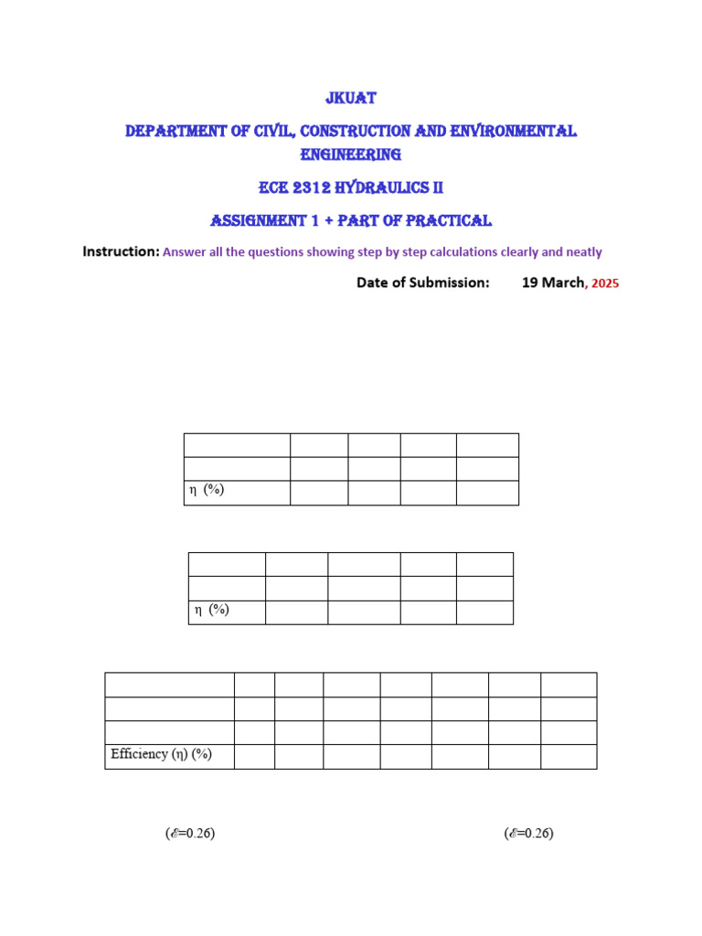 ECE 2312 Hydraulics II Assignment#1 and Partial Practical | PDF | Pump | Chemical Engineering