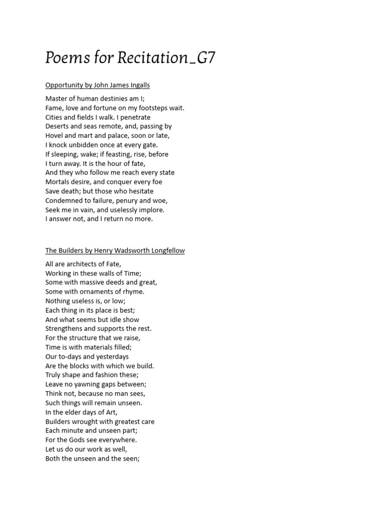 Grade 7 Recitation Poem List - Edited | PDF